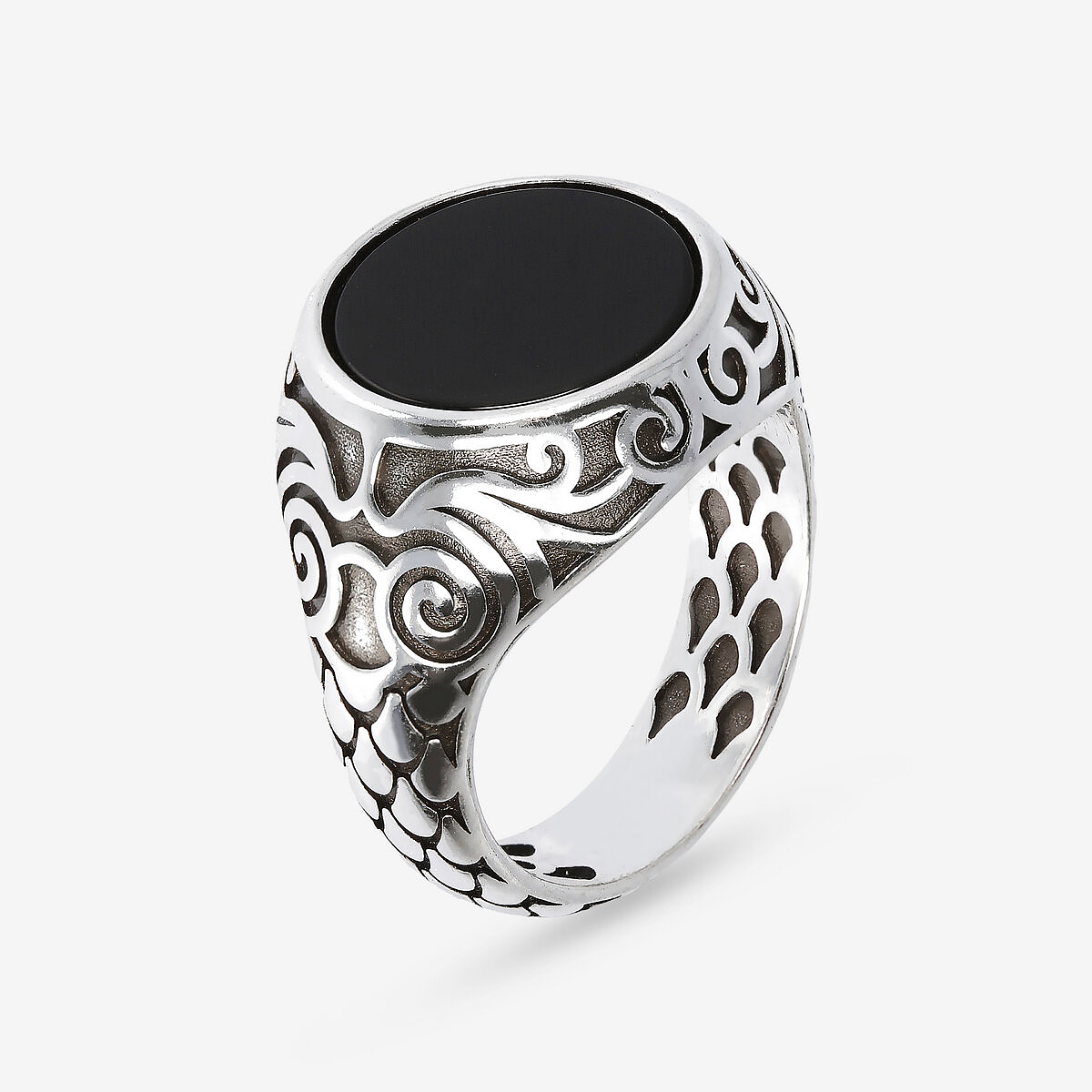 Tribal Mermaid Texture Chevalier Ring with Black Onyx - Albert M. – AlbertM